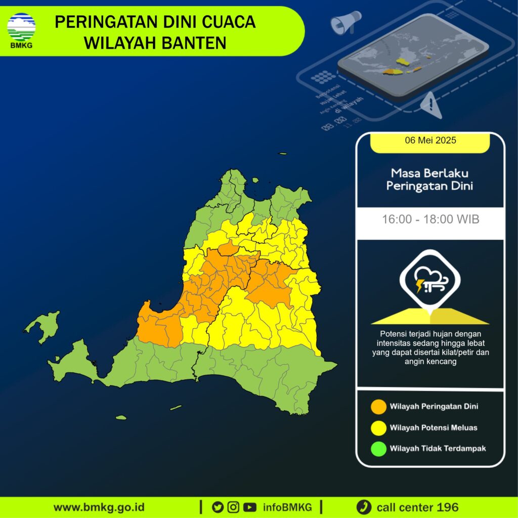UPDATE Peringatan Dini Cuaca Banten tgl 6 Mei 2025 pkl 15:45 WIB masih berpotensi terjadi Hujan ...